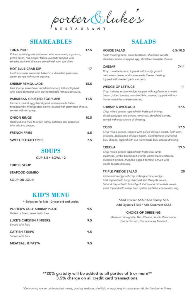 Main Menu – Porter and Luke's Restaurant