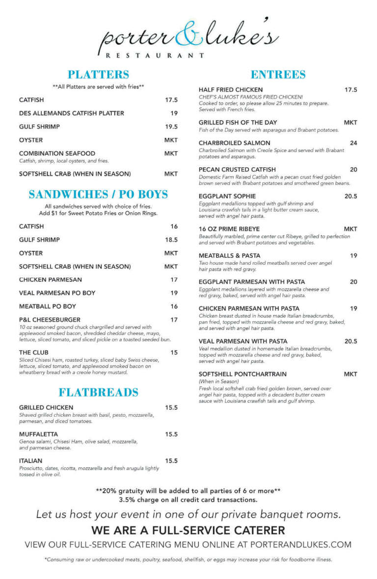 Main Menu – Porter and Luke's Restaurant
